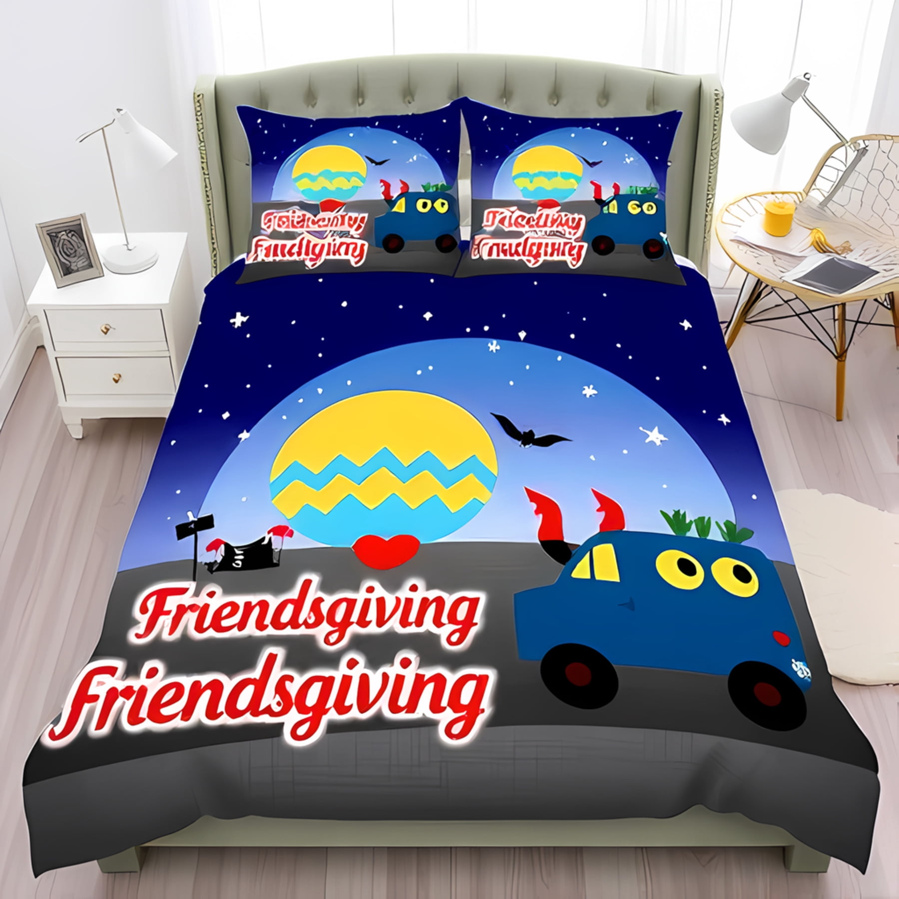Cozy 3-Piece Friendsgiving Duvet Cover Set - Whimsical Blue Car & Moon ...