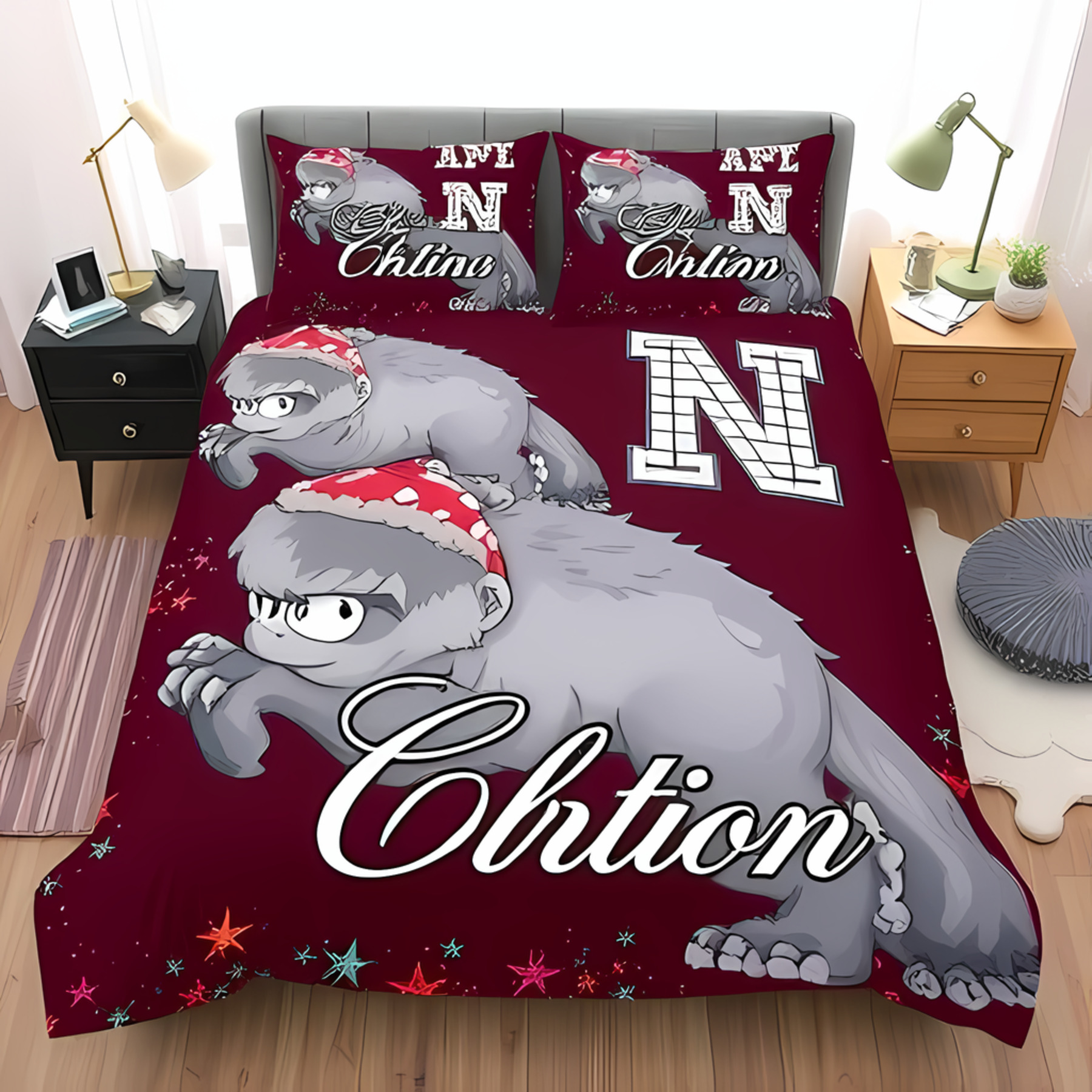 Cozy 3-Piece Maroon Duvet Cover Set with Cartoon Creatures in Red Hats ...