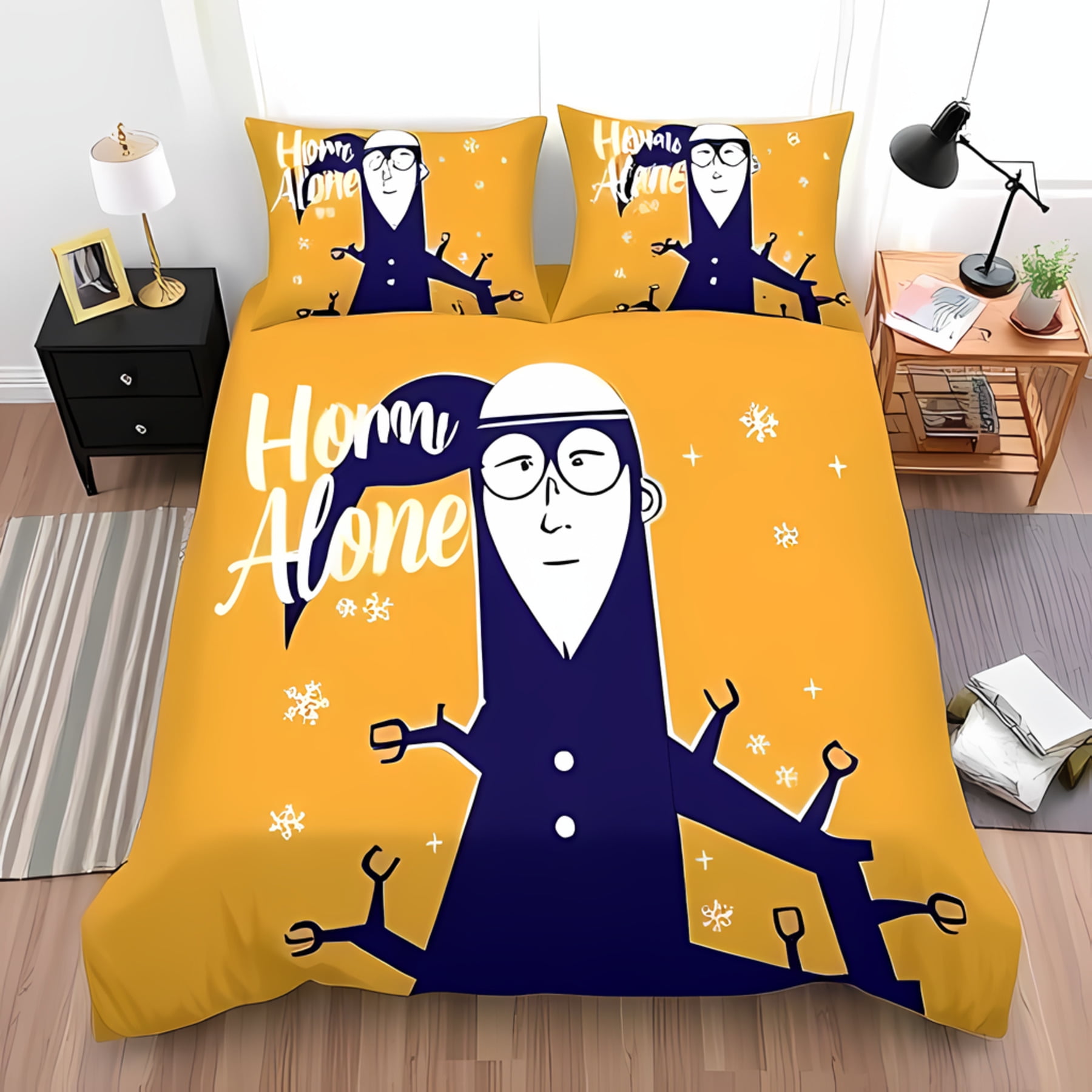 Cozy 3-Piece Mustard Yellow Duvet Cover Set with Cartoon Character ...