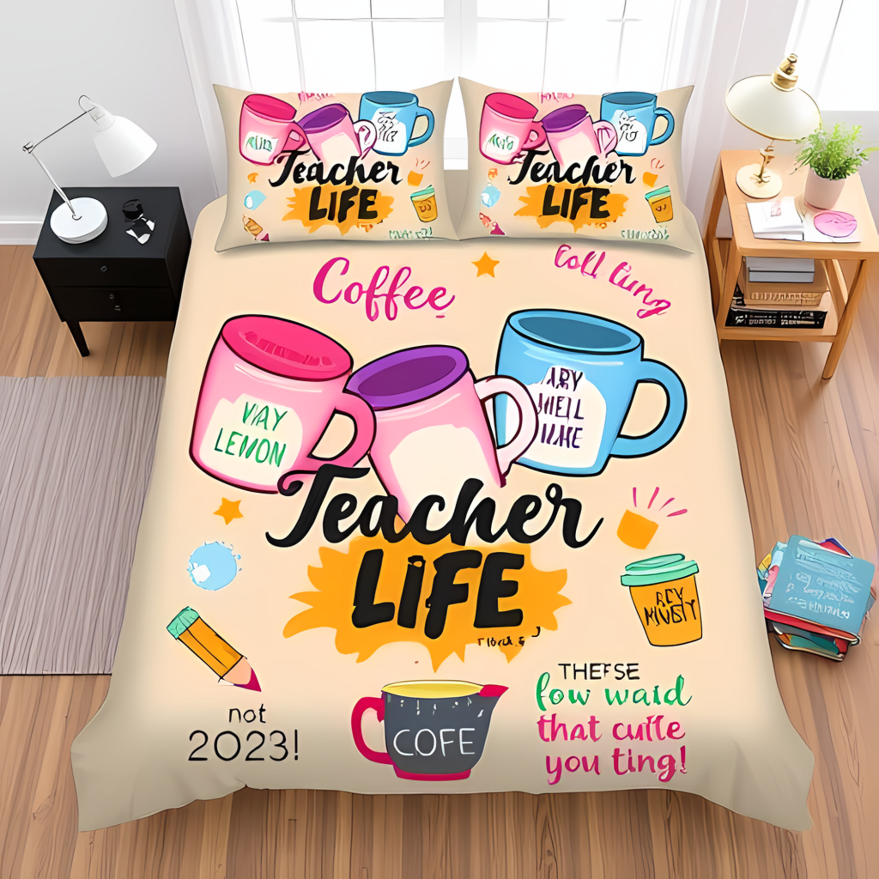 Cozy 3-Piece Teacher Life Duvet Cover Set - Colorful Coffee Mug ...