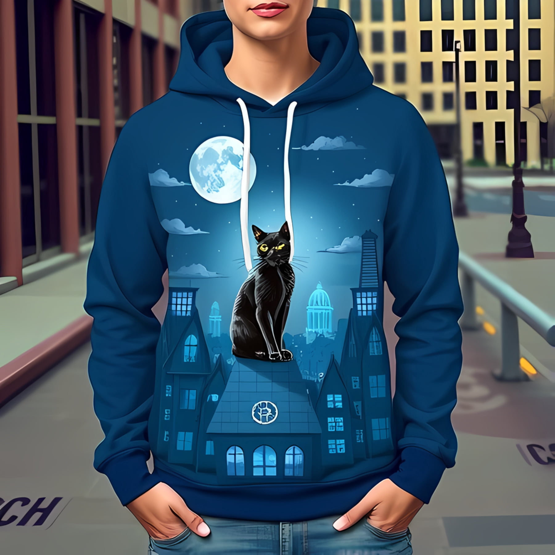Cozy 3D Hoodie with Black Cat on Rooftop Under Moonlight - Enchanting ...