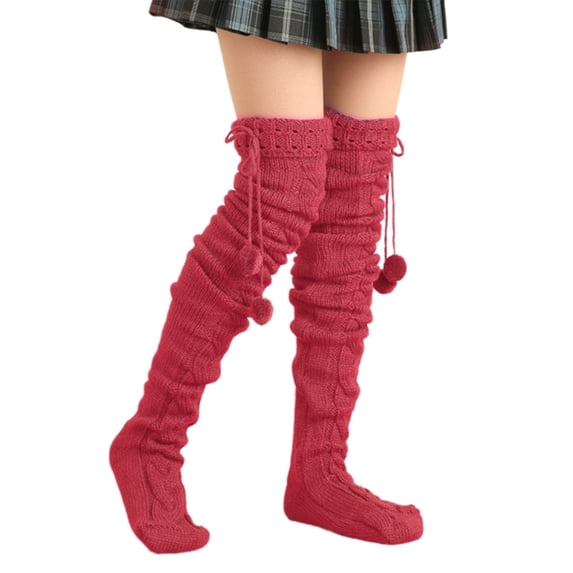 Cozy Acrylic High Tube Over Knee Socks with SweetFur--Balls Decoration ...