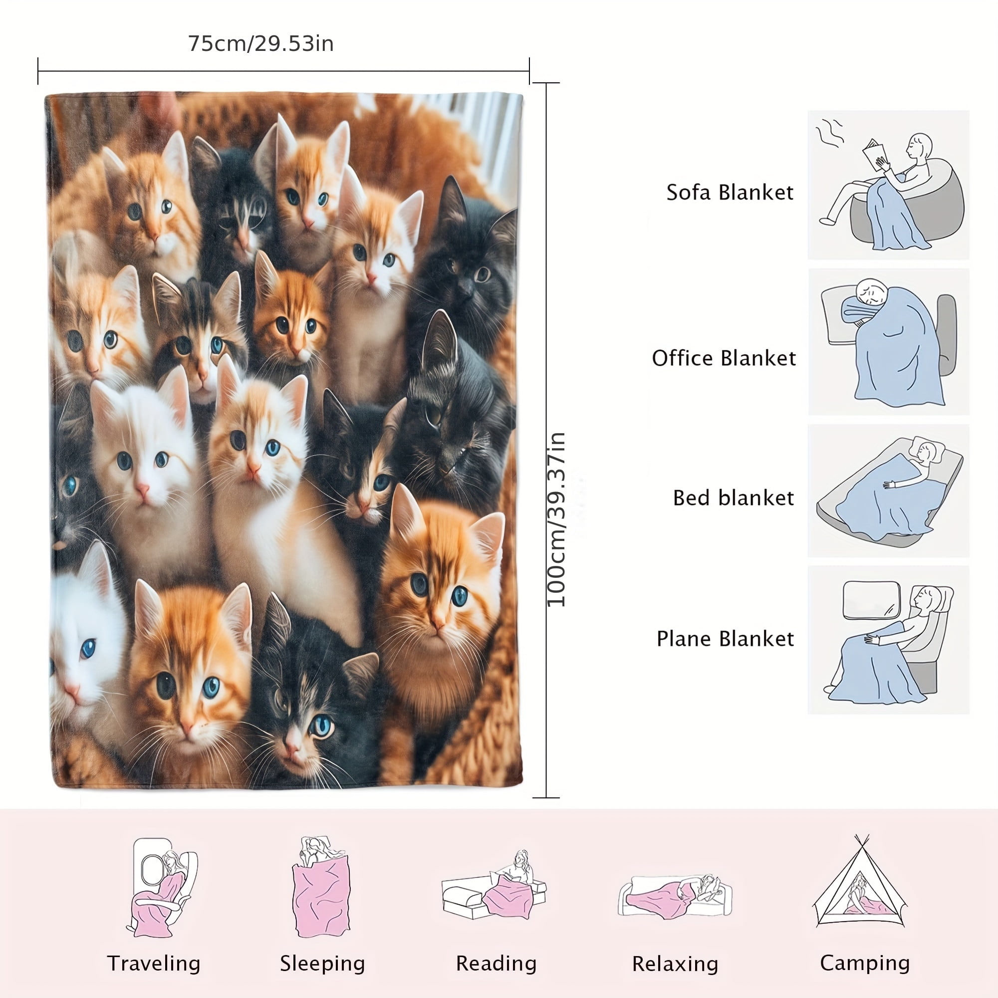 Cozy All-Season Flannel Throw Blanket with Cute Kitten Design - Soft ...