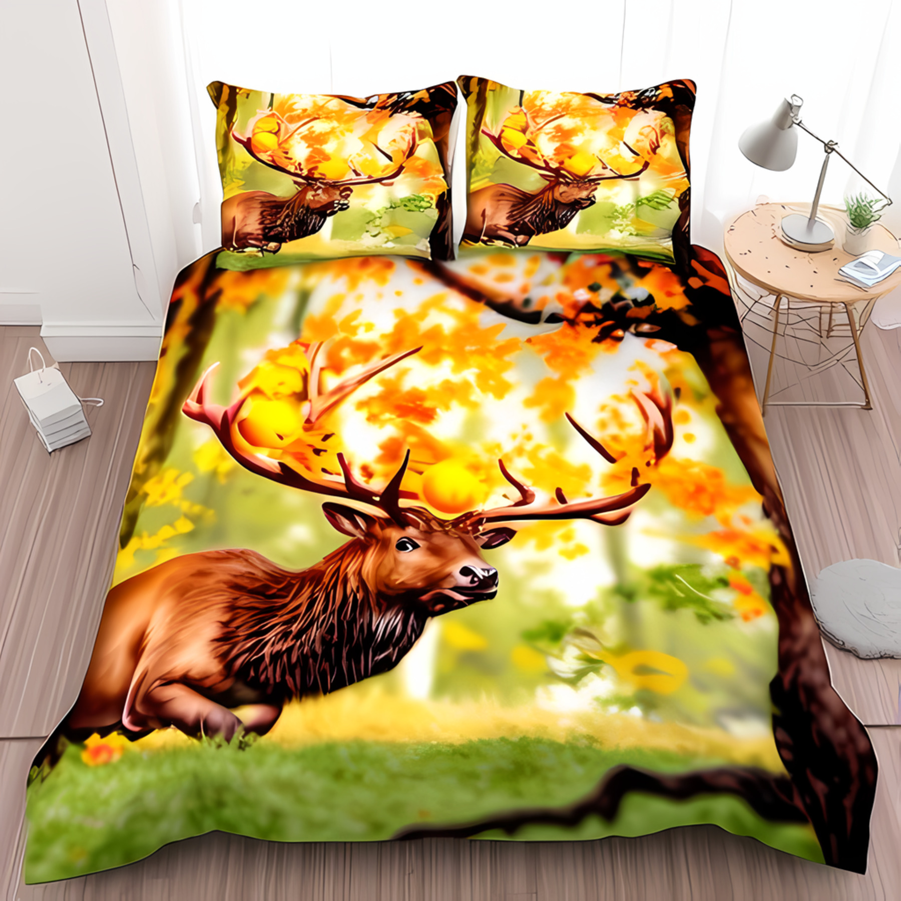 Cozy Autumn 3-Piece Duvet Cover Set with Majestic Deer & Fall Foliage ...