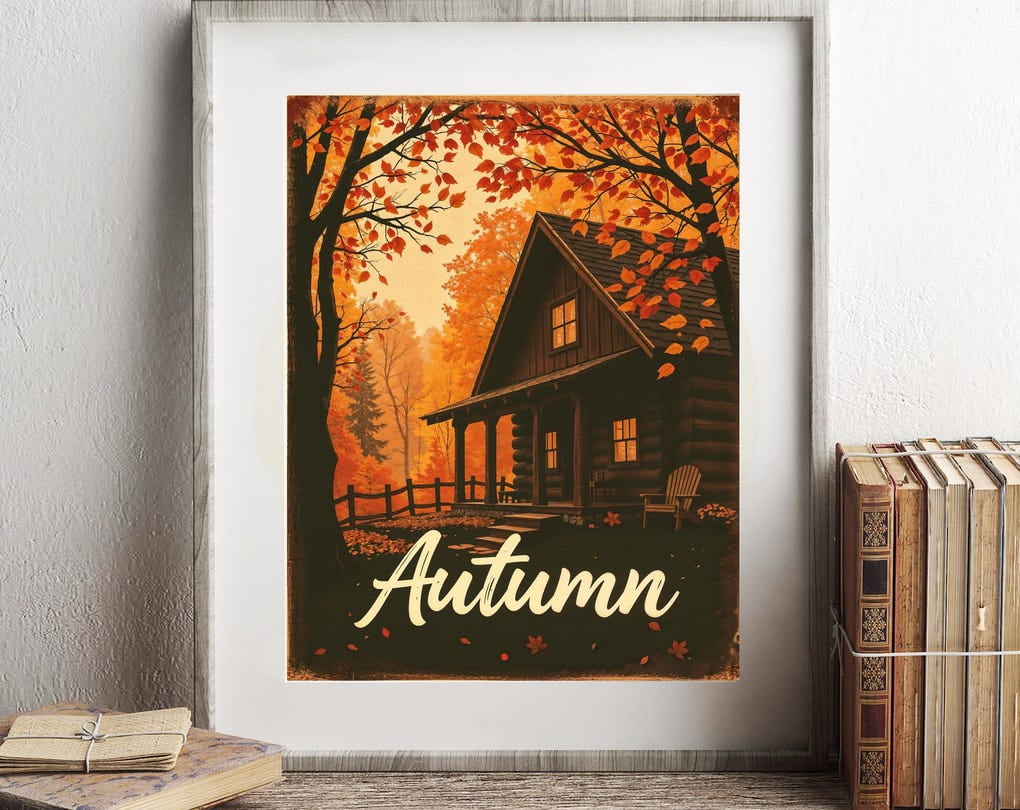 Cozy Autumn Cabin Print - Fall Aesthetic Wall Art - Rustic Woodland ...