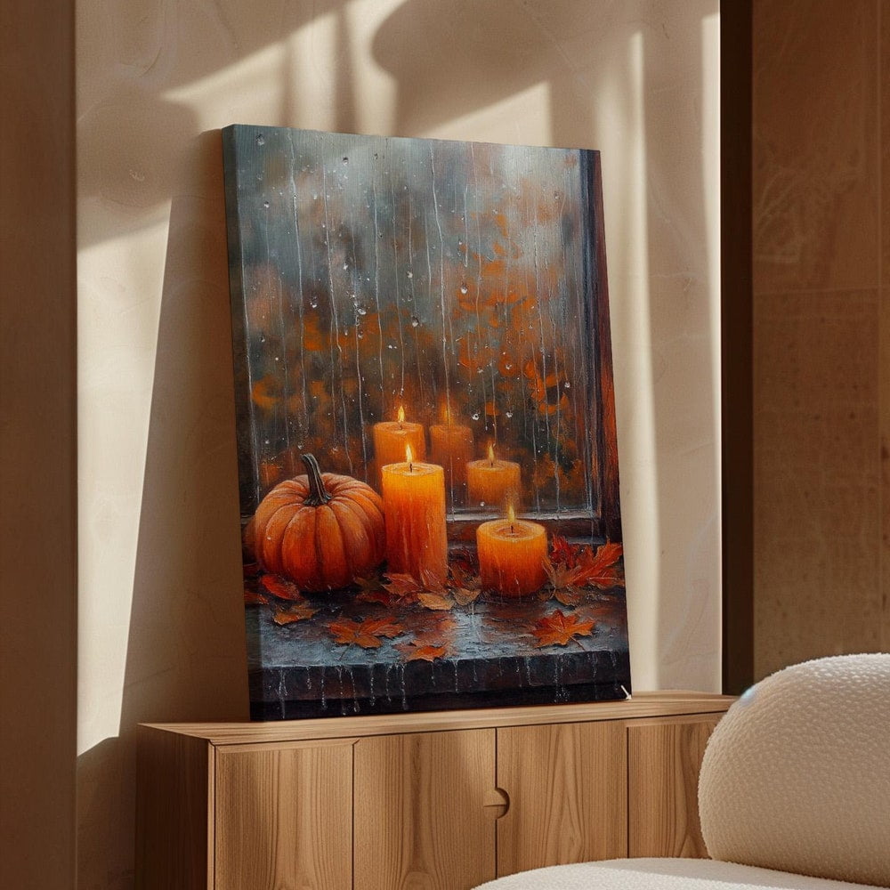 Cozy Autumn Candlelight Wall Art Pumpkin Burning Candles And Raindrops ...