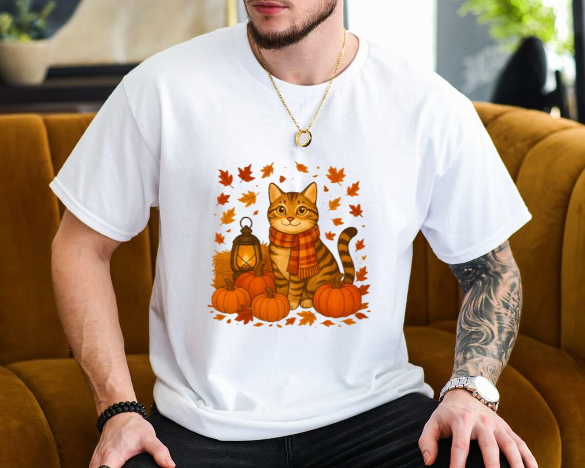 Cozy Autumn Cat T-shirt with Pumpkins and Lantern Fall Season Outfit ...