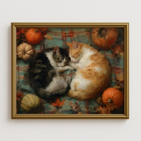 Cozy Autumn Cat Wall Art, Two Sleeping Cats Surrounded By Pumpkins ...
