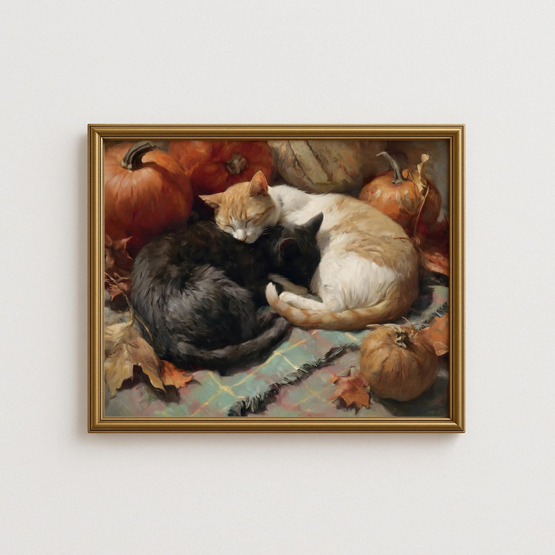 Cozy Autumn Cat Wall Art, Two Sleeping Cats Surrounded By Pumpkins ...