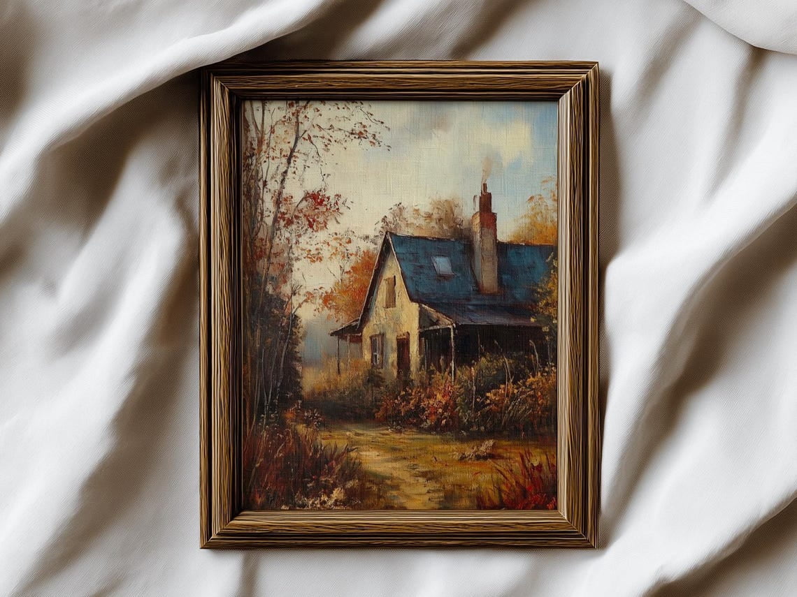 Cozy Autumn Cottage Landscape Wall Art, Unframed Canvas Size 8x12 ...