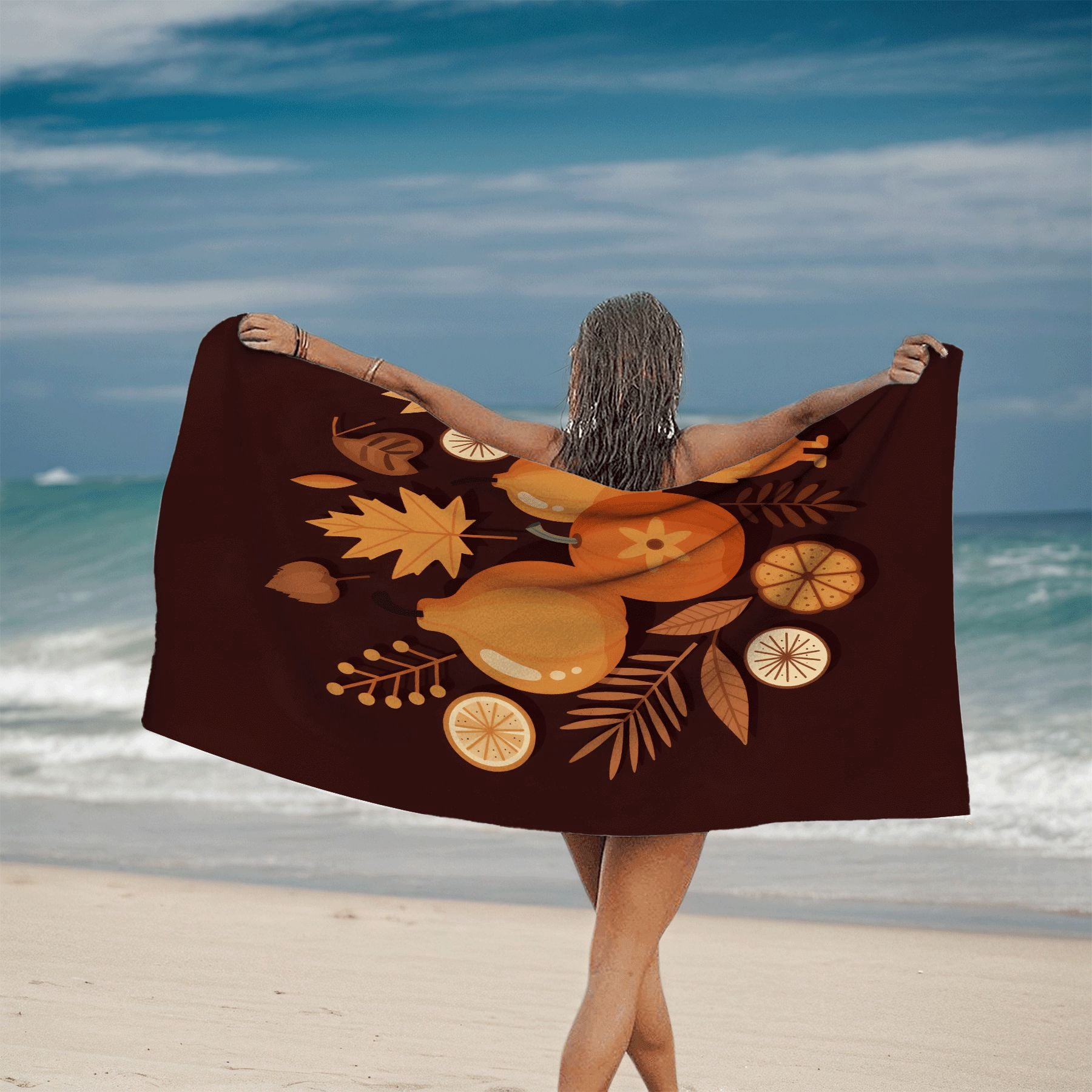 Cozy Autumn-Inspired Beach Towel - Vibrant Persimmons & Leaves Design ...