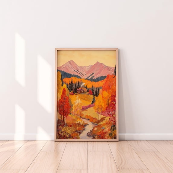 Cozy Autumn Landscape Cabin in Fall Forest Wall Decor, Stretched Canvas ...