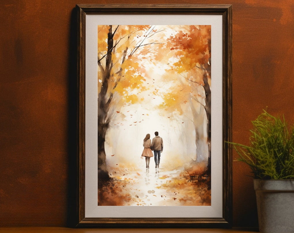 Cozy Autumn Stroll Watercolor Giclée Print Warm Red & Gold Fall Colors ...