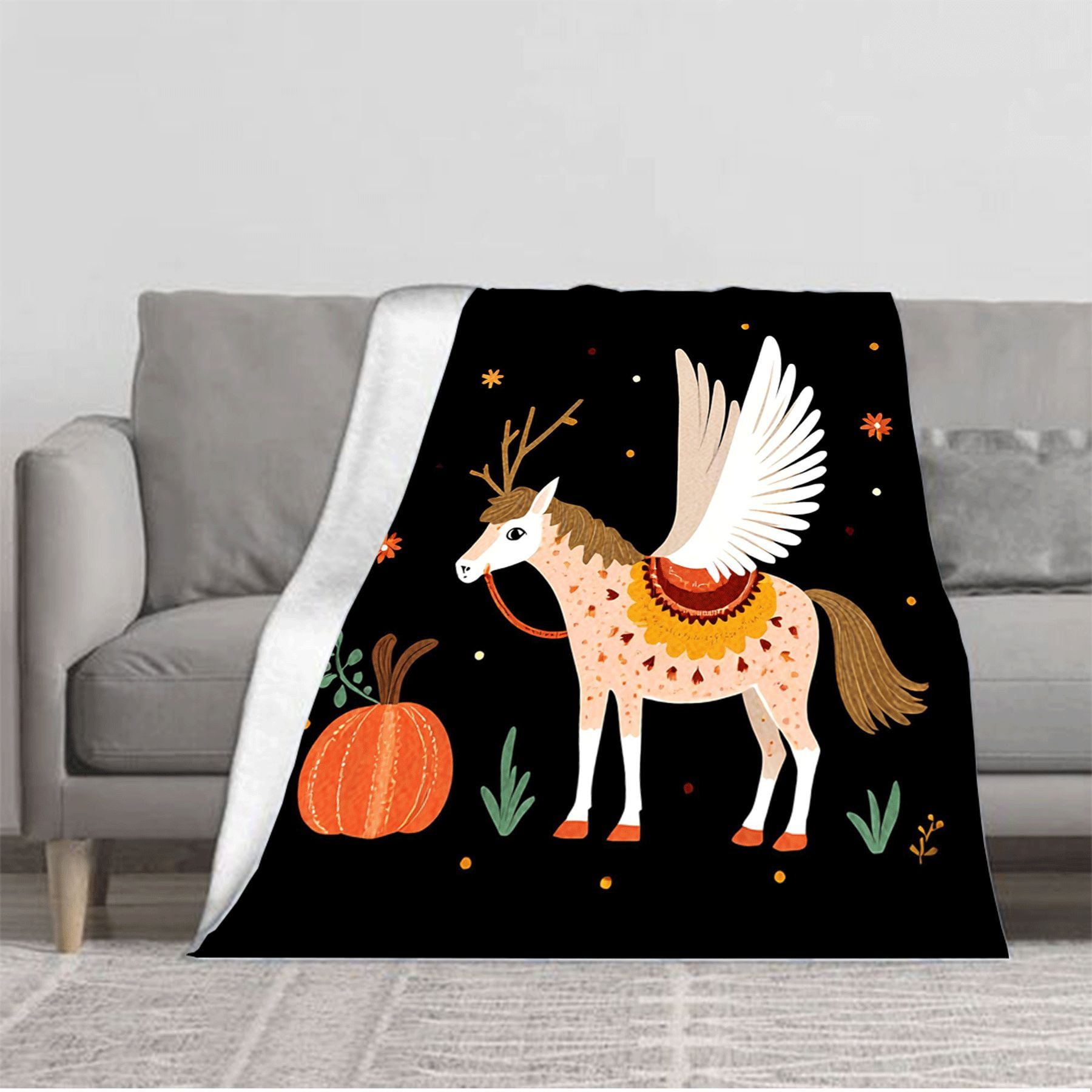 Cozy Autumn-Themed Flannel Blanket with Whimsical Horse & Pumpkin ...