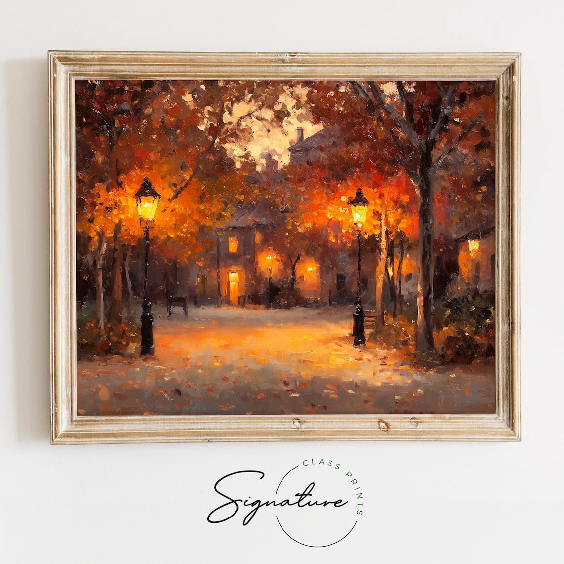 Cozy Autumn Town Square At Dusk, Earthy Fall Decor, Moody Lamp-Lit ...