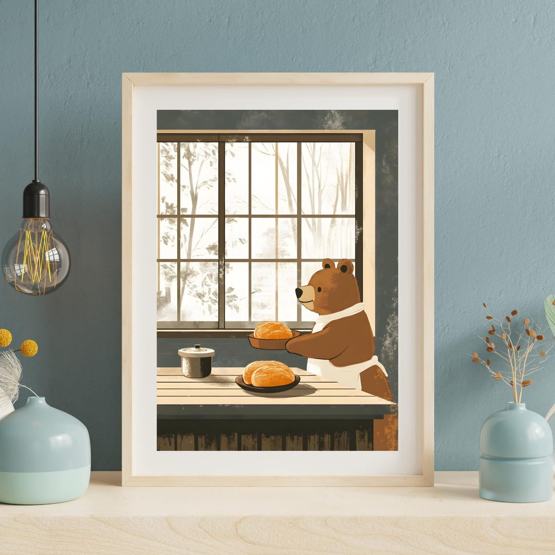 Cozy Bear Baking Bread Poster, Cute Bear Kitchenwhimsical Animal Baking ...