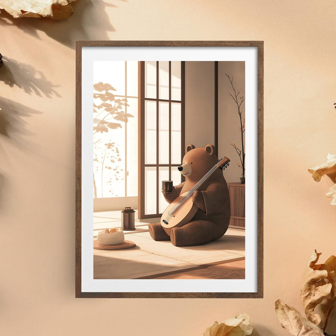 Cozy Bear Playing Lute Poster, Japanese-Inspired Bearcute Bear Relaxing ...