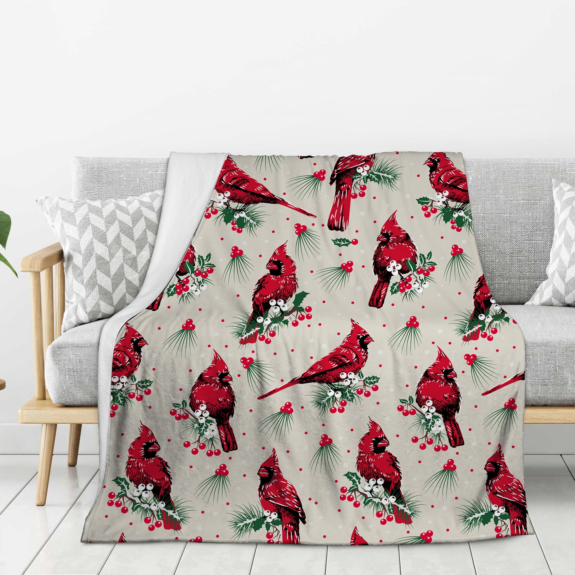Cozy Bed Blanket Christmas Cardinal Birds White Red Berries Super Soft ...