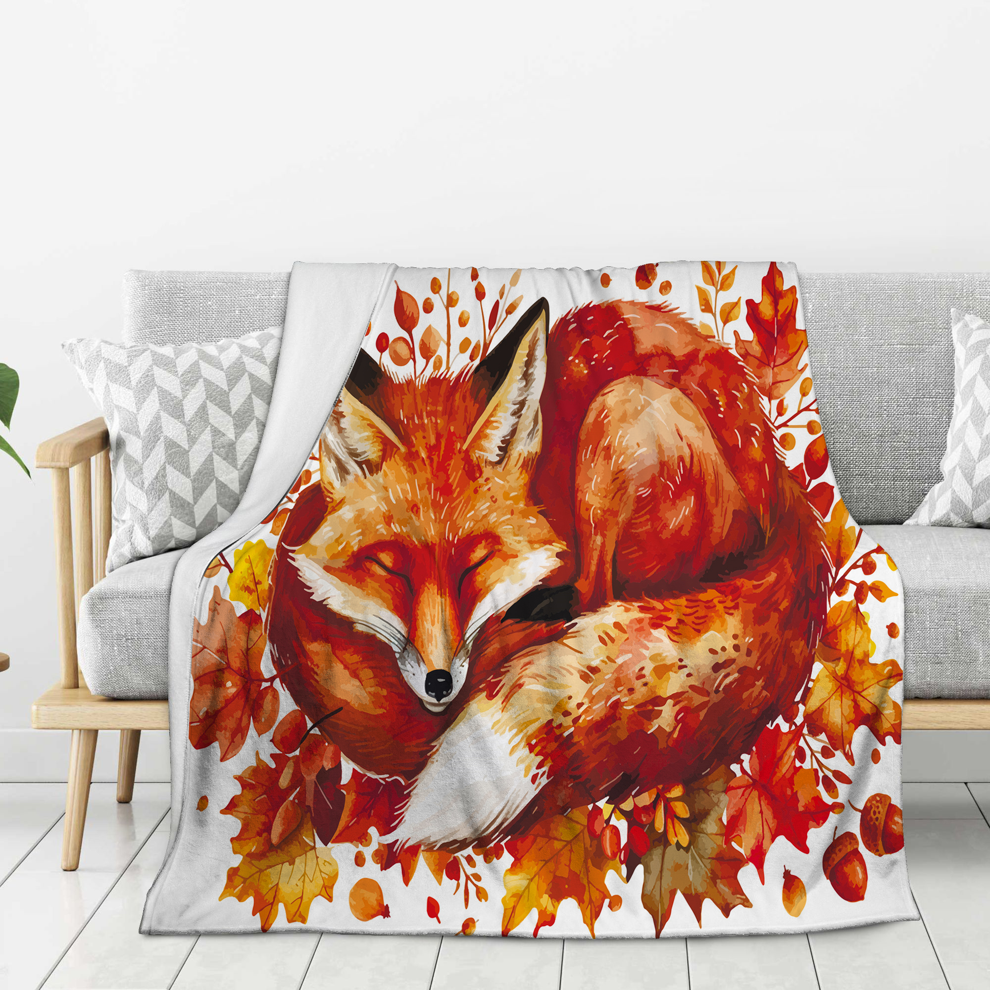 Cozy Bed Blanket Watercolor Fox Swirl Of Leaves Super Soft Throw ...