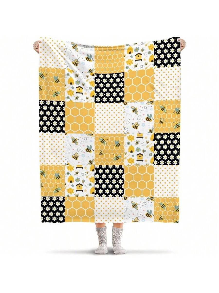 Cozy Bee Theme Flannel Blanket - Double-Sided Honeycomb Pattern with ...