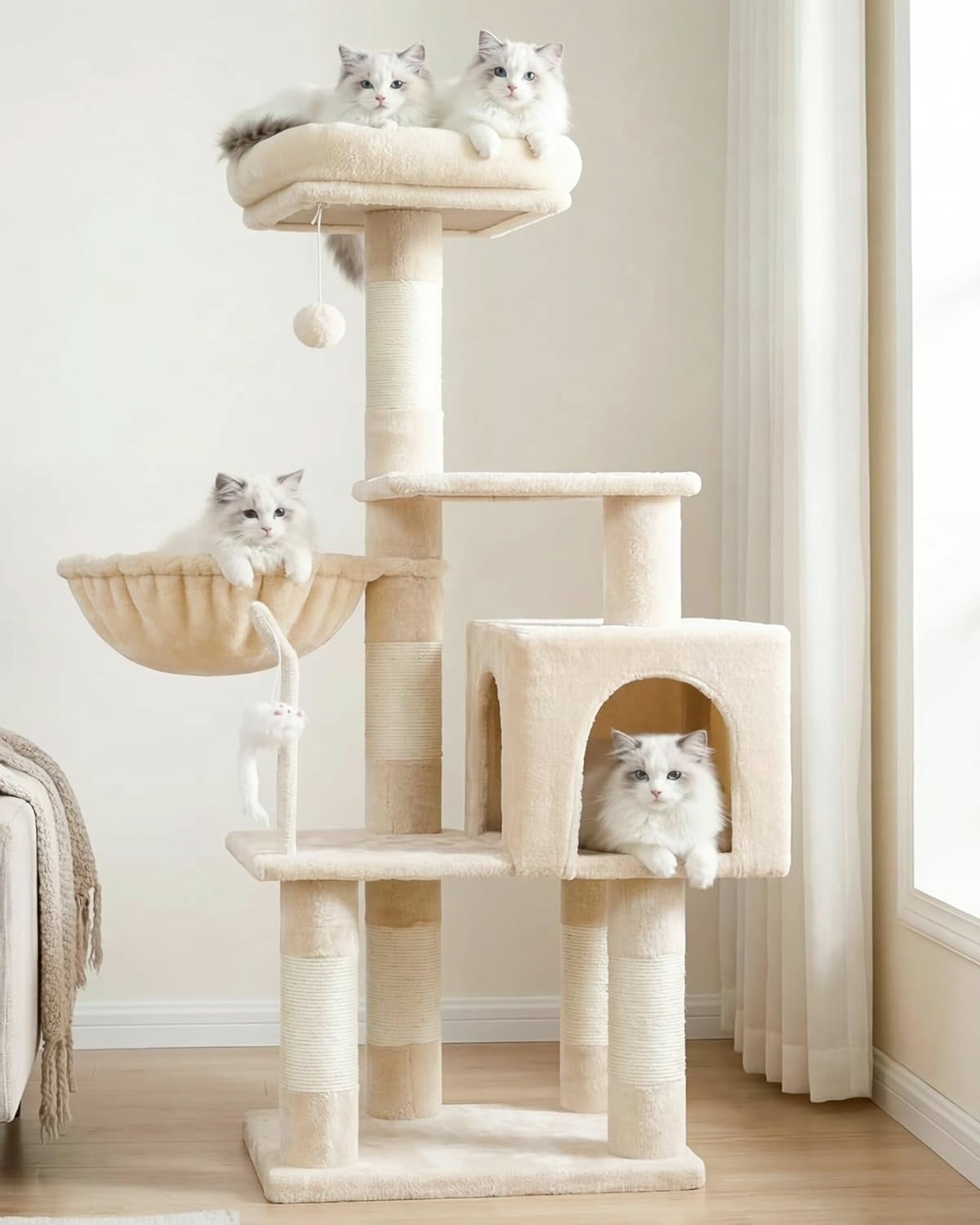 Cozy Beige Cat Tree With Toy For Small Cats Featuring Plush Perch And ...