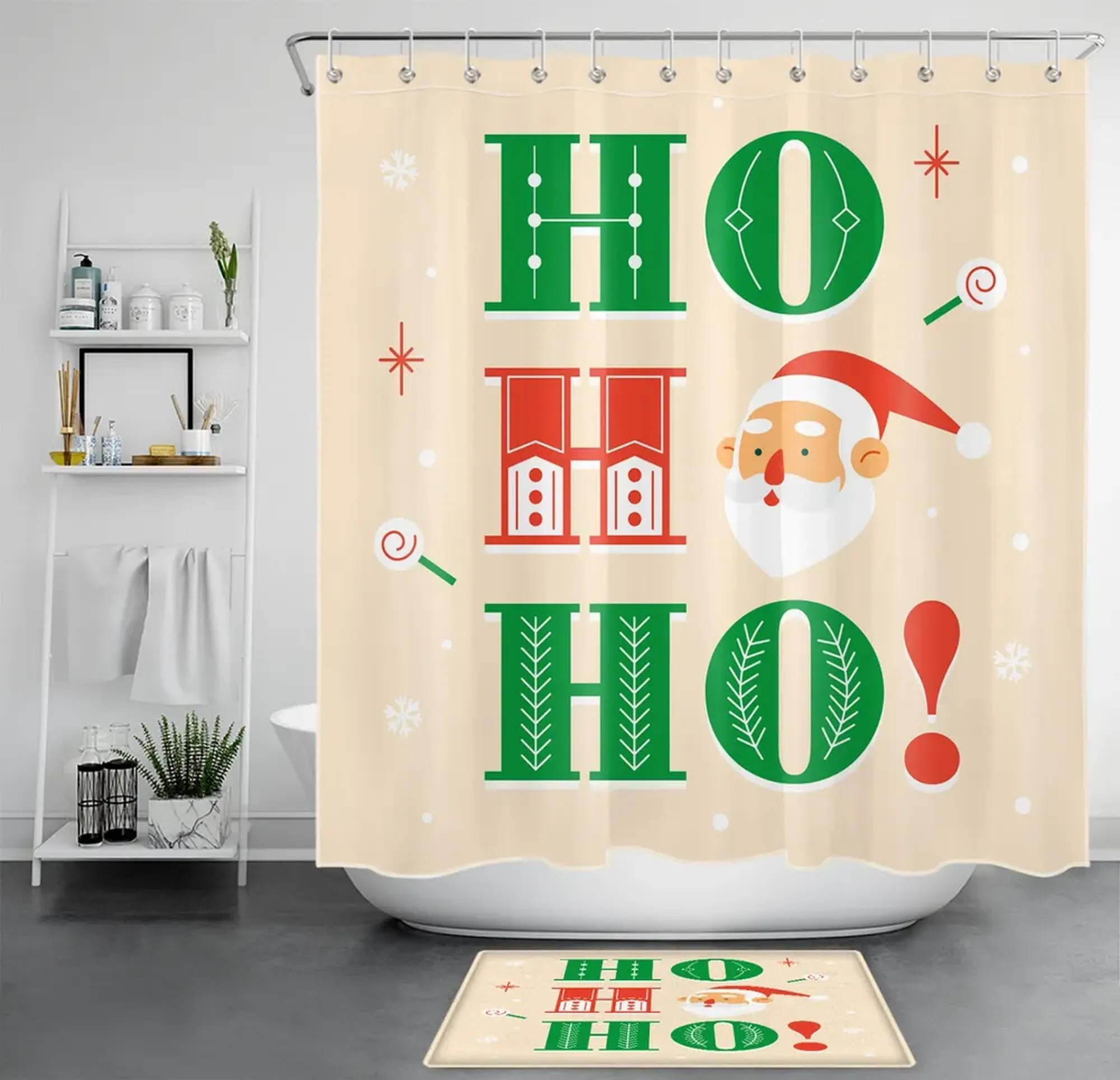Cozy Beige Santa Shower Curtain Set with Snowflake Bath Accessories ...