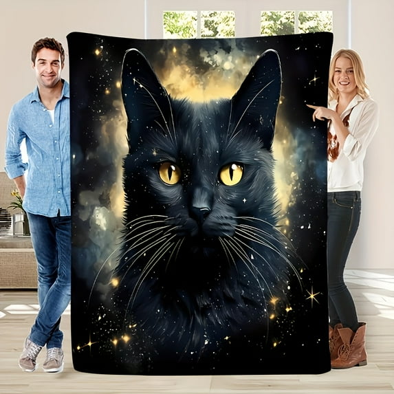 Cozy Black Cat Flannel Blanket - Soft Warm All-Season Throw with Starry ...