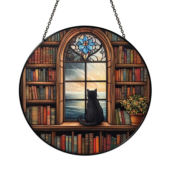 Cozy Black Cat Stained Glass Suncatcher, Bookshelf Inspired Round ...