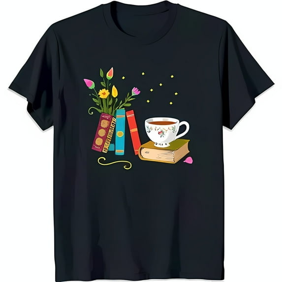 Cozy Black T-Shirt with Vibrant Book Stack & Floral Tea Cup Graphic ...