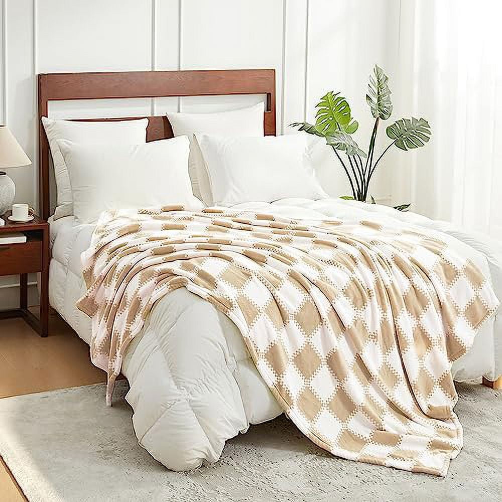 Cozy Bliss Beige Checkered Throw Blanket Ultra Soft Warm Milky Plush ...