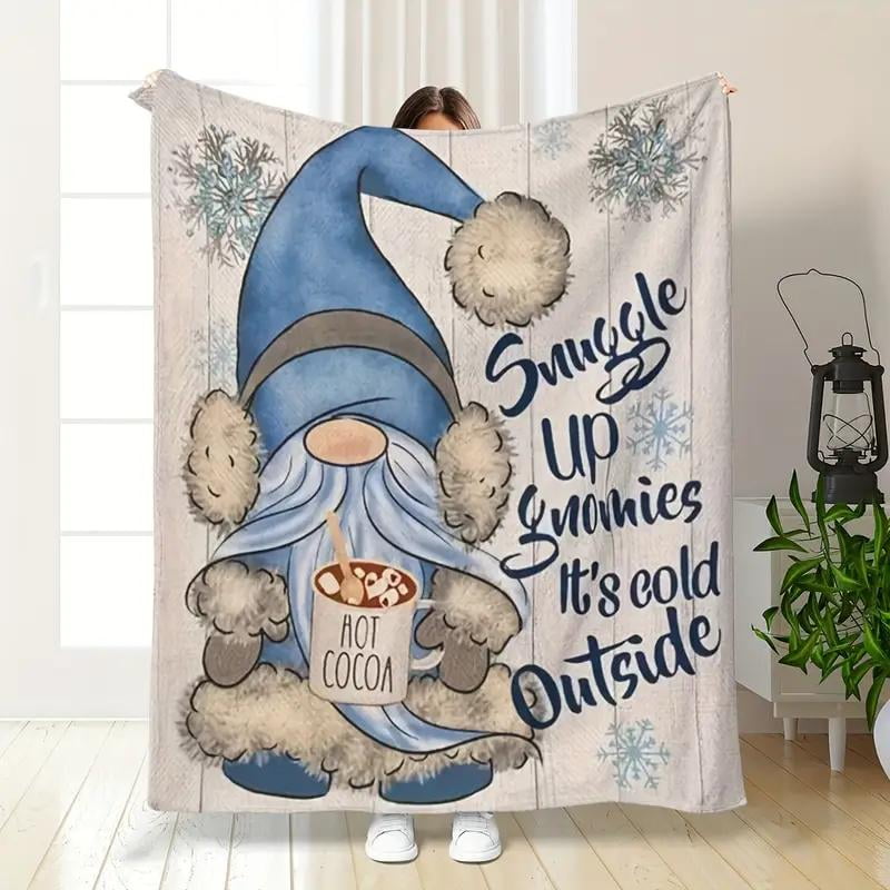 Cozy Blue Gnome Print Flannel Throw Blanket - Soft, Lightweight All ...