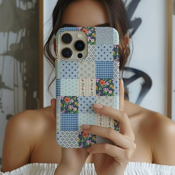 Cozy Blue Patchwork Quilt Cottagecore Phone Case for iPhone 12-17 Pro ...