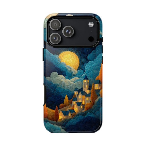 Cozy Blue Town Clouds Crescent Moon Scene Case with iPhone 17 to 11 Pro ...