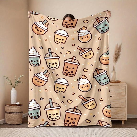 Cozy Boba Tea Print Flannel Blanket - Soft All-Season Bedspread with ...