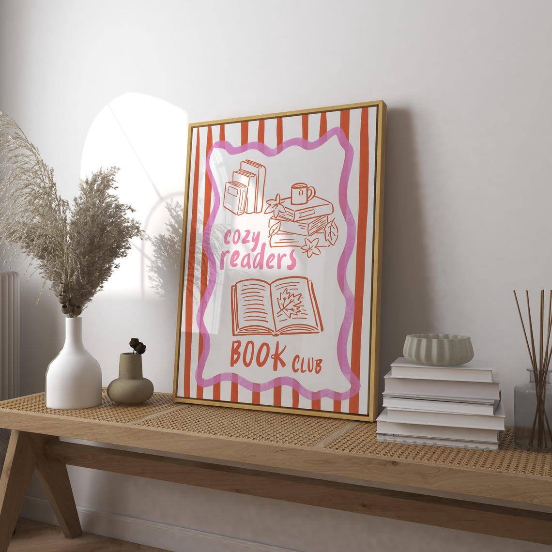 Cozy Book Club Art Print, Retro Reading Room Decor, Modern Doodle Wall ...