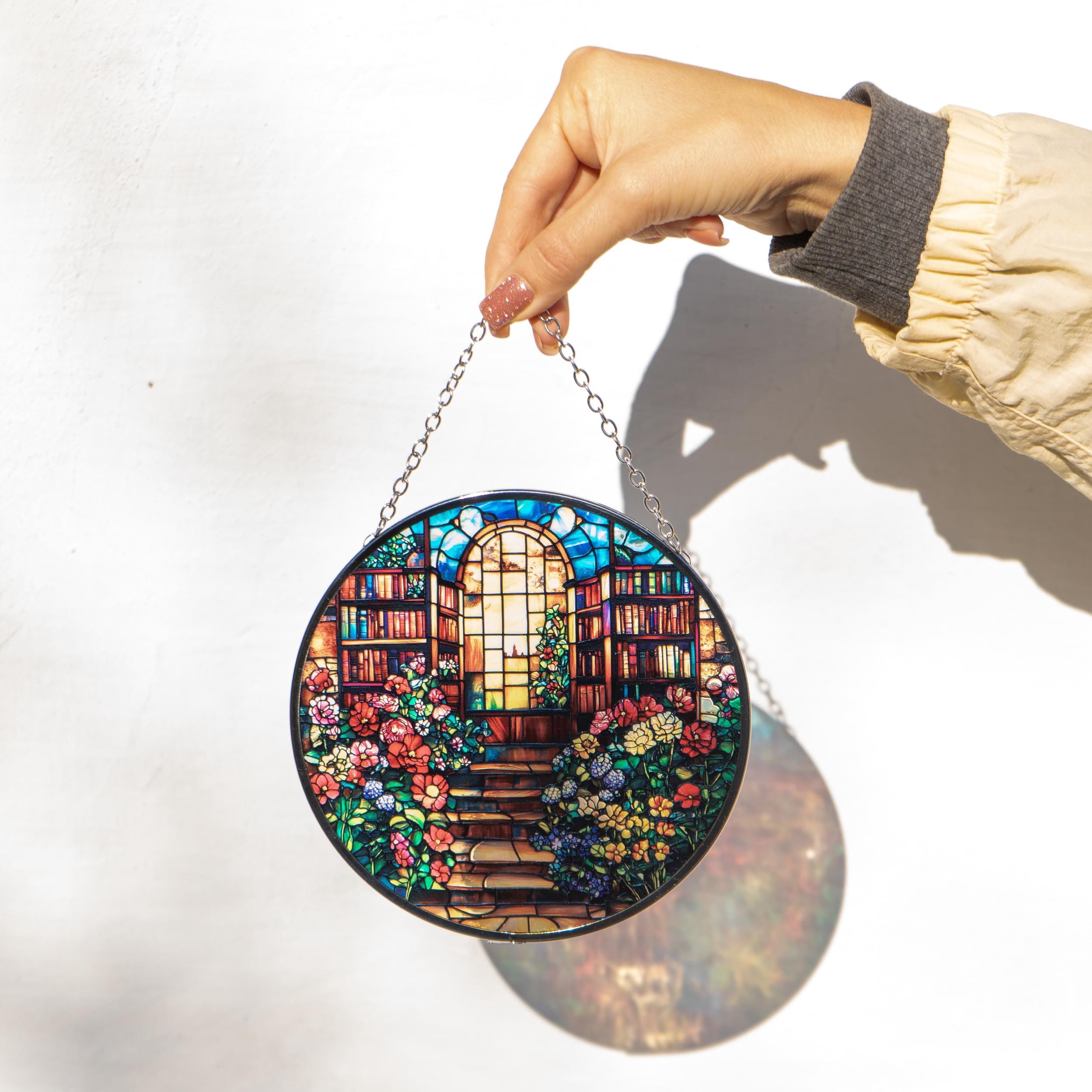 Cozy Book Garden Fantasy Stained Glass Suncatcher Library Window Decor ...