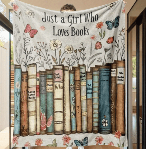 Cozy Book Lover's Flannel Blanket - Vintage Bookshelf & Floral Design ...