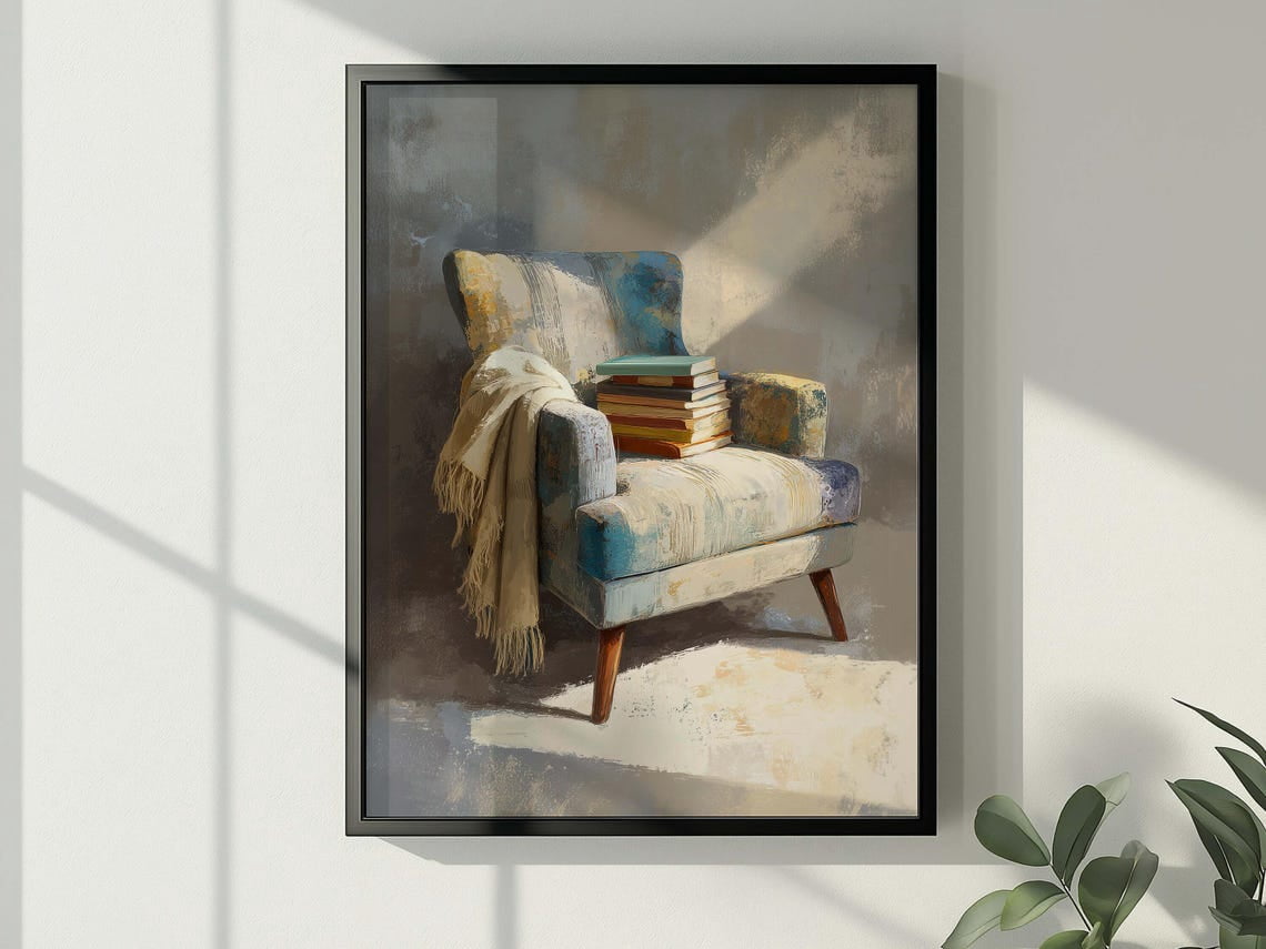 Cozy Book Nook Reading Chair Wall Art, Stretched Canvas Size 12x18 ...