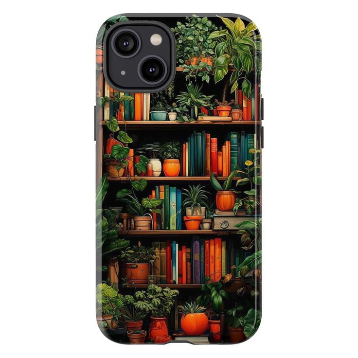 Cozy Bookshelf Phone Case, Artistic Plant and Book Lover Design ...