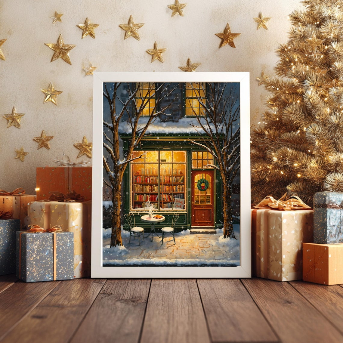 Cozy Bookstore Print, Winter Library Art, Snowywall Decor, Vintage Shop ...