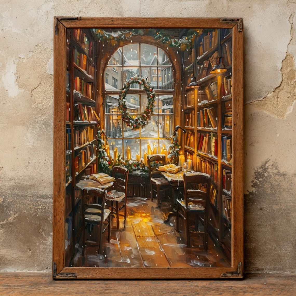 Cozy Bookstore Wall Art Print, Warm Winter Library Decor,Candlelight ...