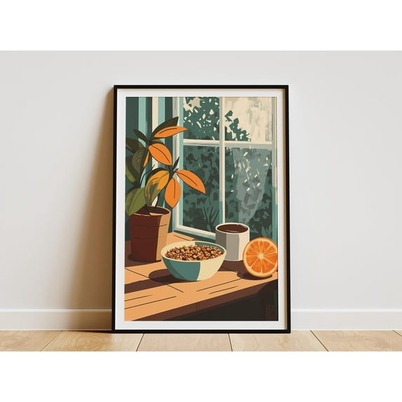 Cozy Breakfast Nook print Wall Art Modern Kitchen Decor Orange and Teal ...
