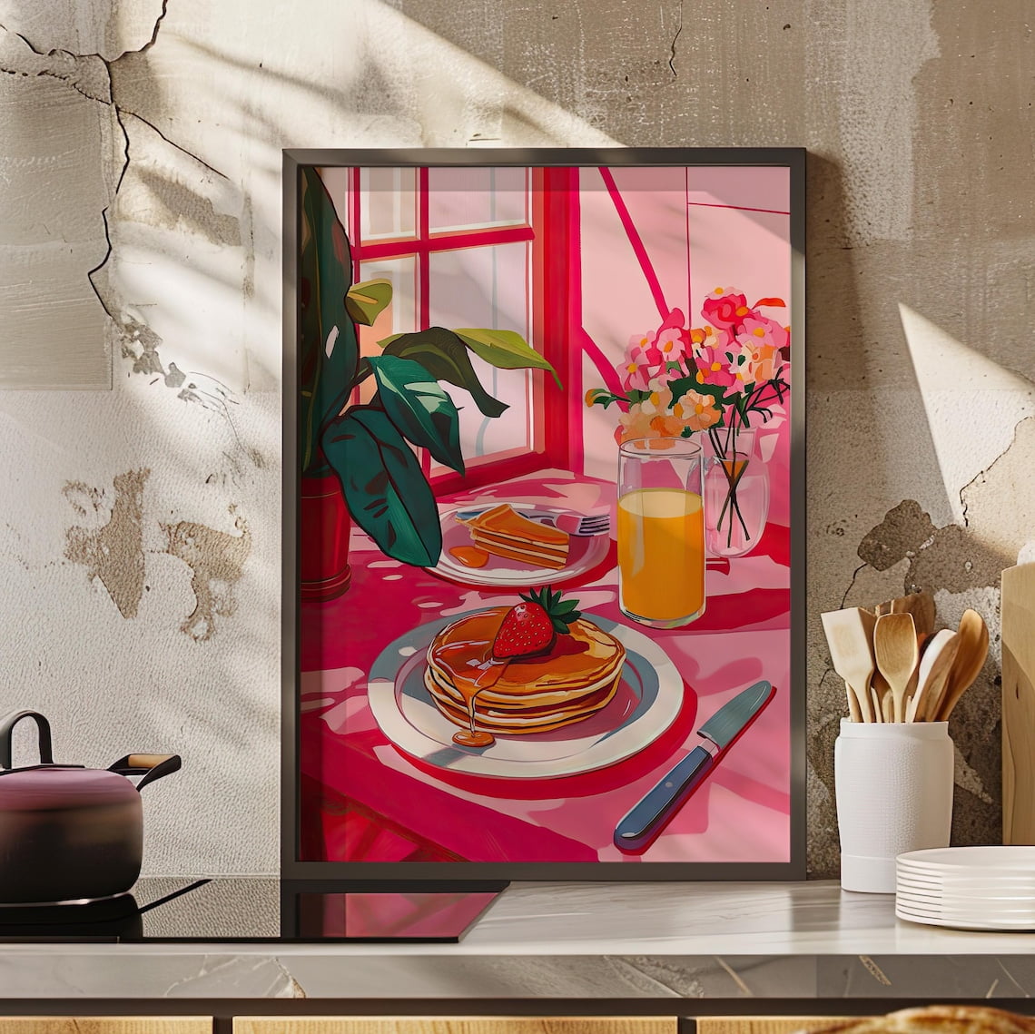 Cozy Breakfast Pancakes Wall Art Cute Pink Kitchen Decor, Unframed ...