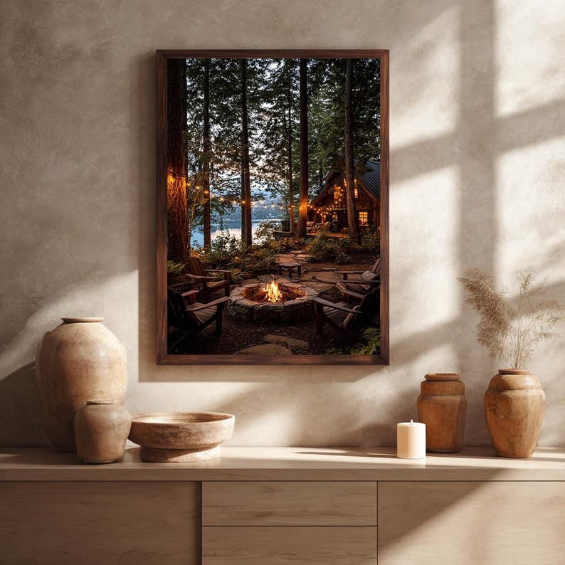 Cozy Cabin Campfire Rustic Lakehouse Forest String Lights Scene poster ...