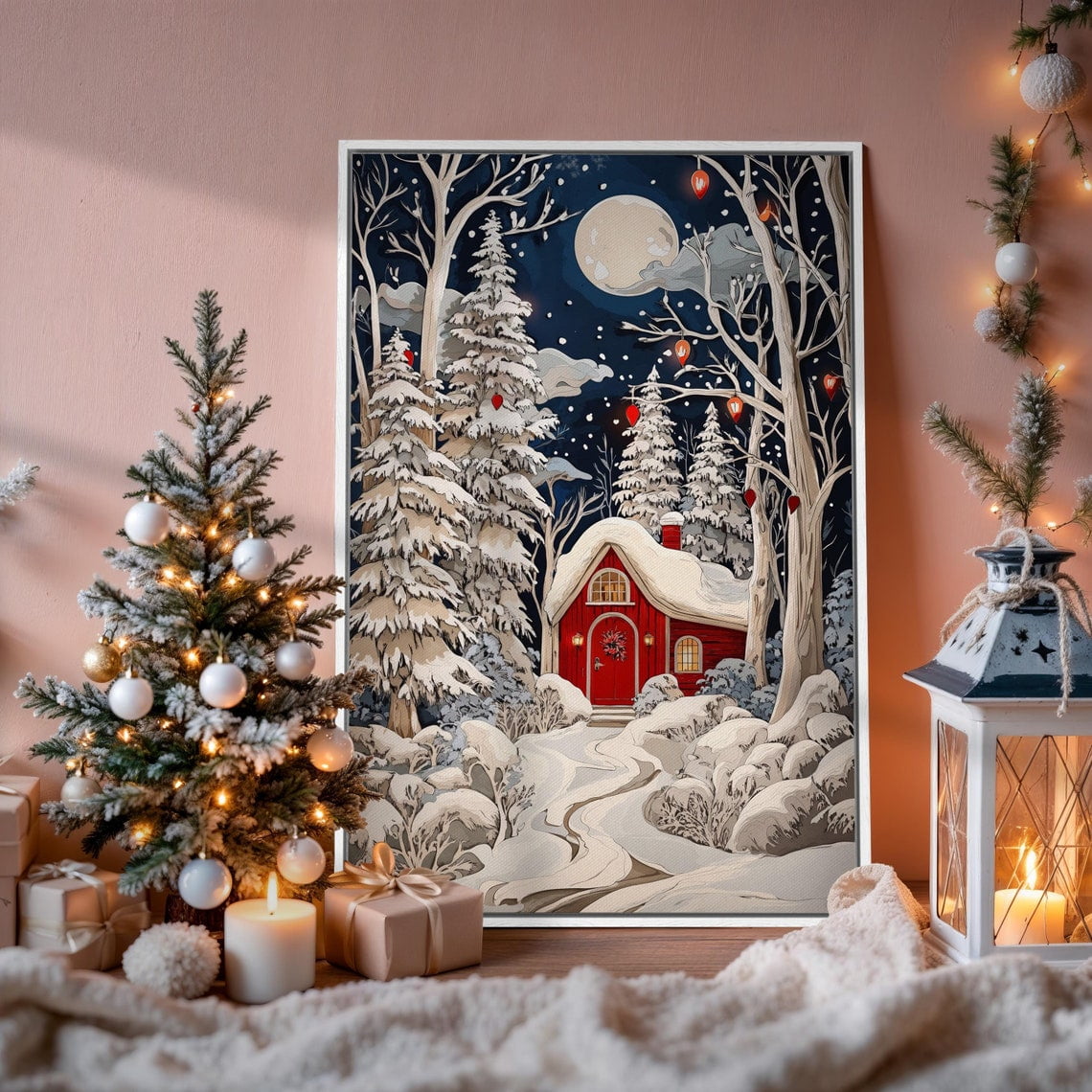 Cozy Cabin In Snowy Forest Poster Night Wall Art Winter Landscape ...