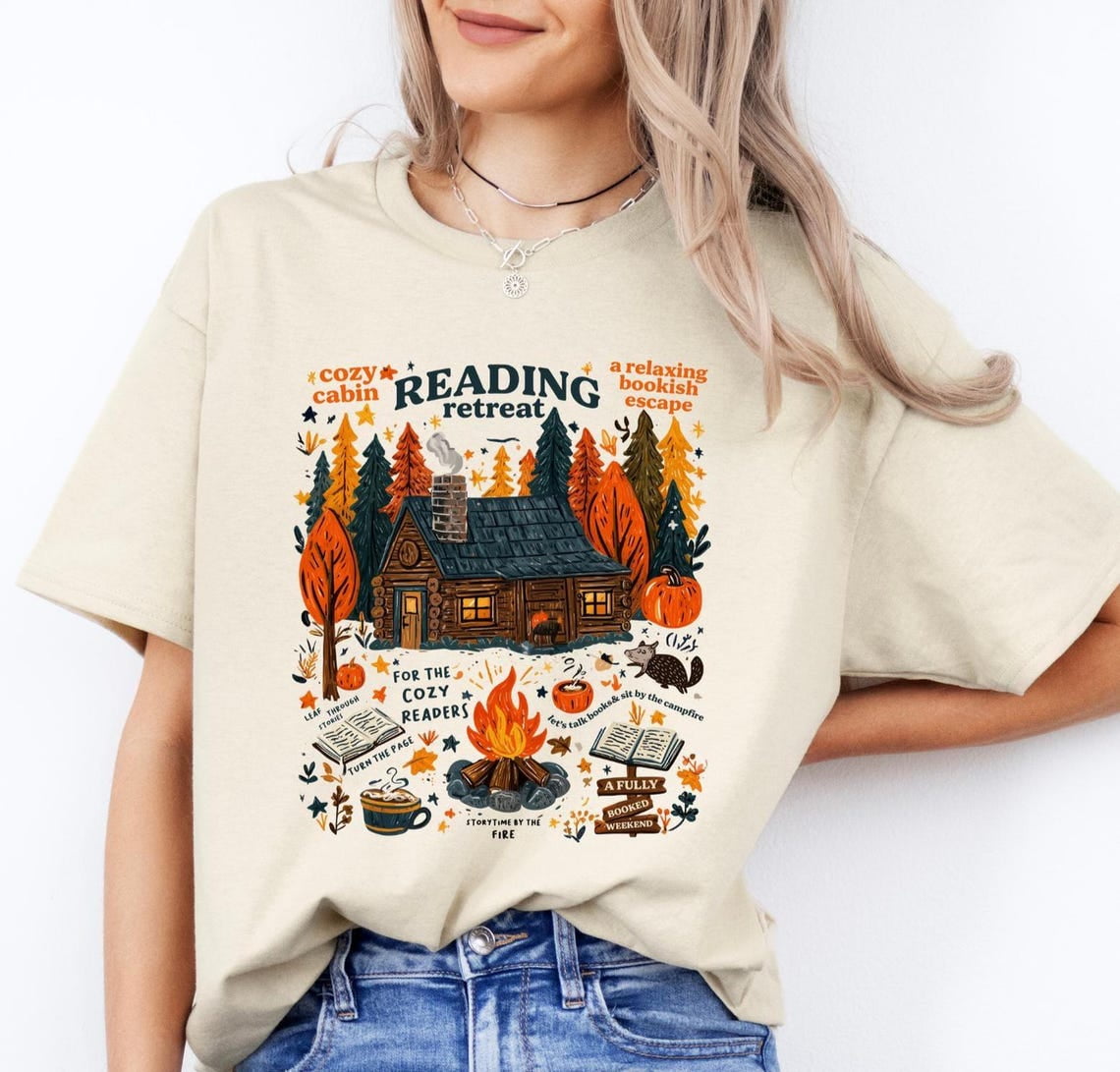 Cozy Cabin Reading Retreat T-Shirt - Bookish Fall Graphic Tee TSHIRT ...