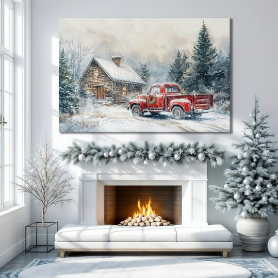 Cozy Cabin with Red Truck Wall Art Winter Festive Pickup Print Winter ...