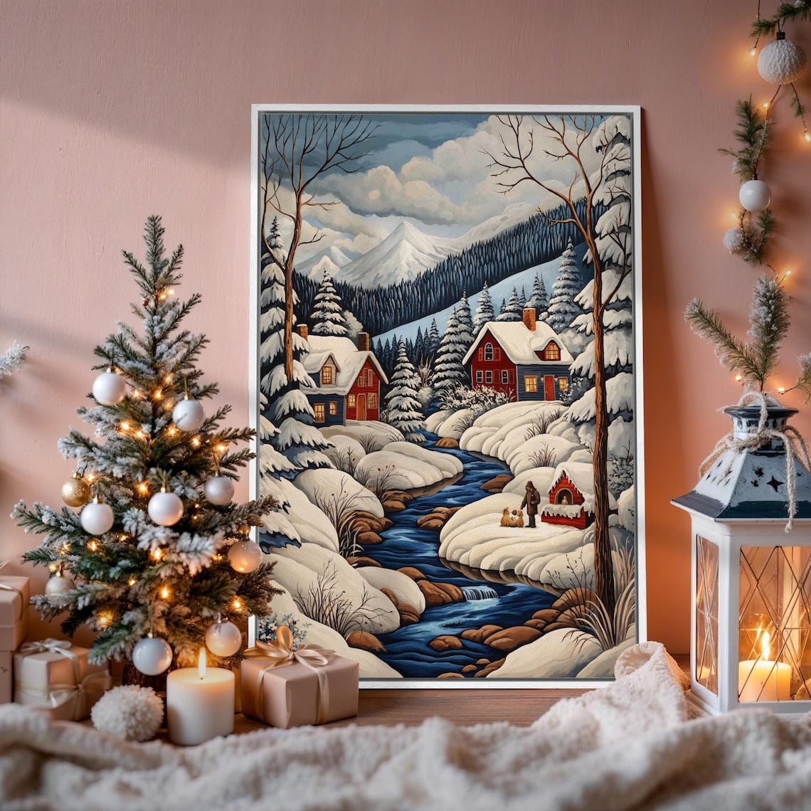 Cozy Cabins By Creek Poster Mountain Landscape Wall Art Winter Nature ...