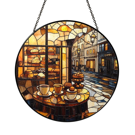 Cozy Cafe Stained Glass Suncatcher Window Hanging Decor, Street Lamp ...