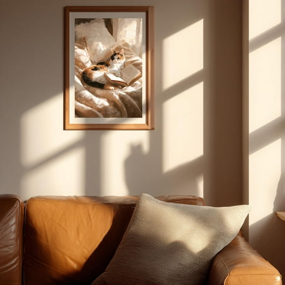 Cozy Calico Cat Reading Art Print, Book Lover Wall Art, Cute Cat ...